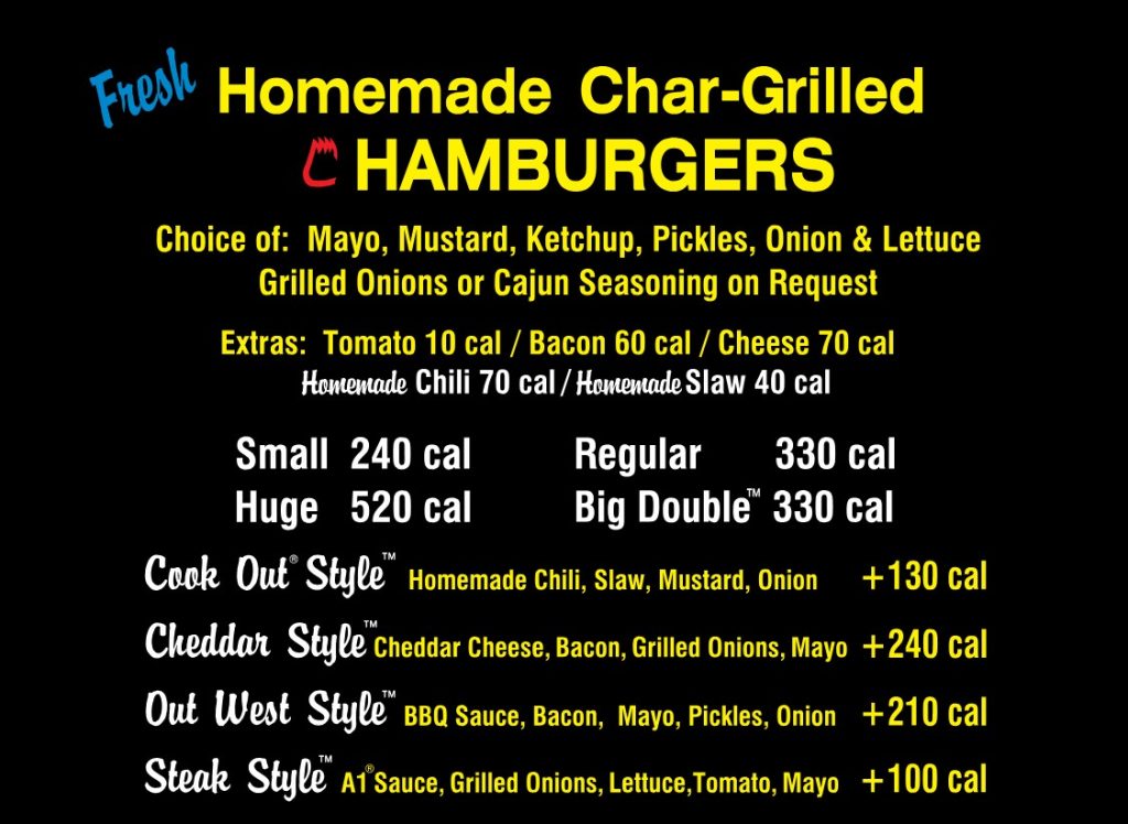 Cookout Hamburgers Menu with Prices 2025